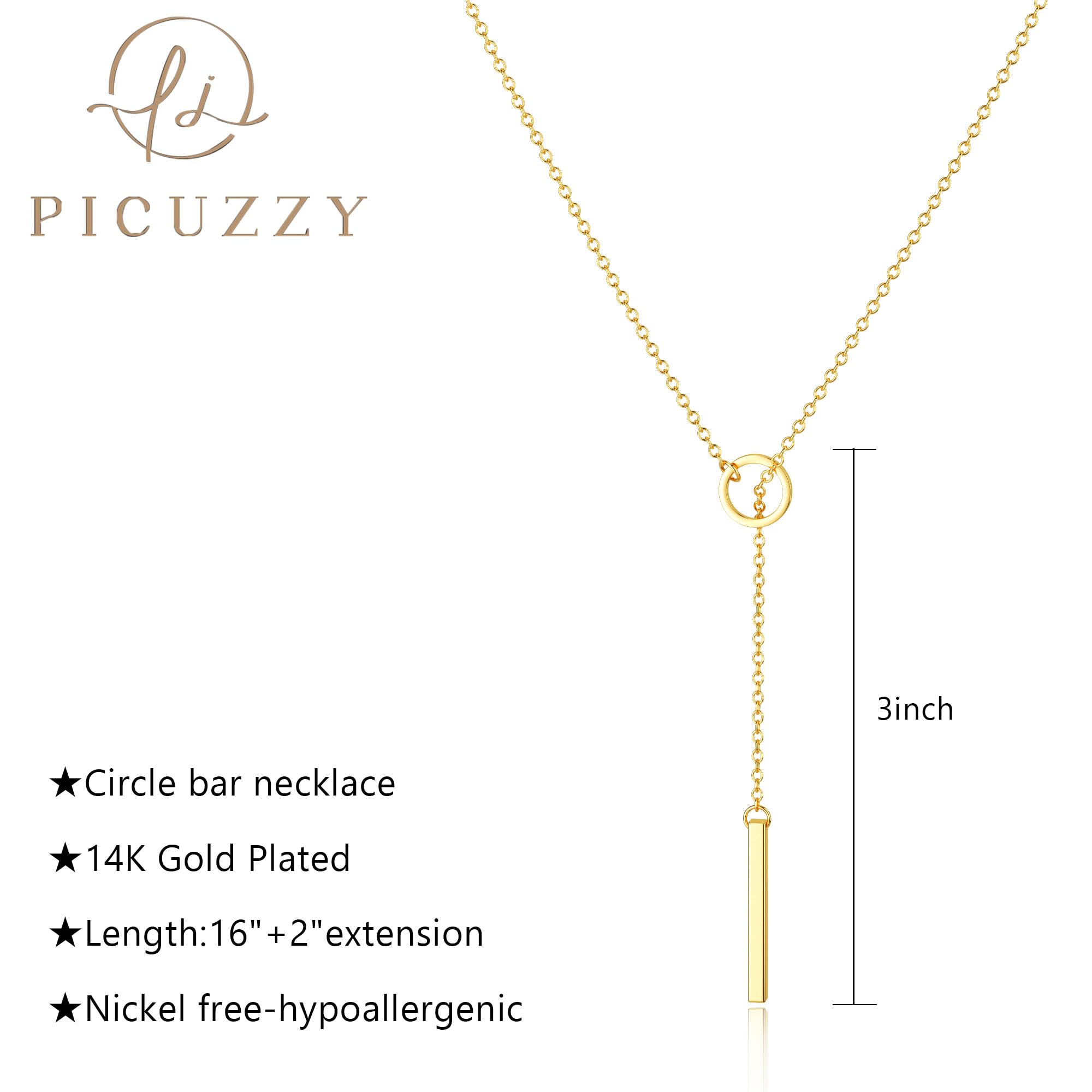 Picuzzy Lariat Gold Necklace for Women, Dainty 14k Gold Plated Y Necklace for Women Trendy Layered Circle Bar Chain Pendant Necklaces Simple Gold Jewelry for Women Gift