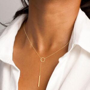 Picuzzy Lariat Gold Necklace for Women, Dainty 14k Gold Plated Y Necklace for Women Trendy Layered Circle Bar Chain Pendant Necklaces Simple Gold Jewelry for Women Gift