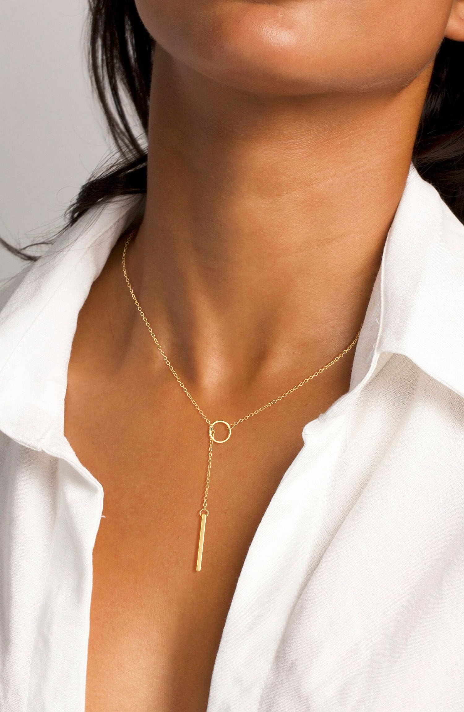 Picuzzy Lariat Gold Necklace for Women, Dainty 14k Gold Plated Y Necklace for Women Trendy Layered Circle Bar Chain Pendant Necklaces Simple Gold Jewelry for Women Gift