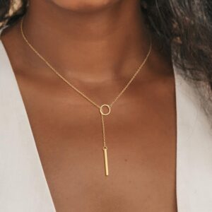 Picuzzy Lariat Gold Necklace for Women, Dainty 14k Gold Plated Y Necklace for Women Trendy Layered Circle Bar Chain Pendant Necklaces Simple Gold Jewelry for Women Gift