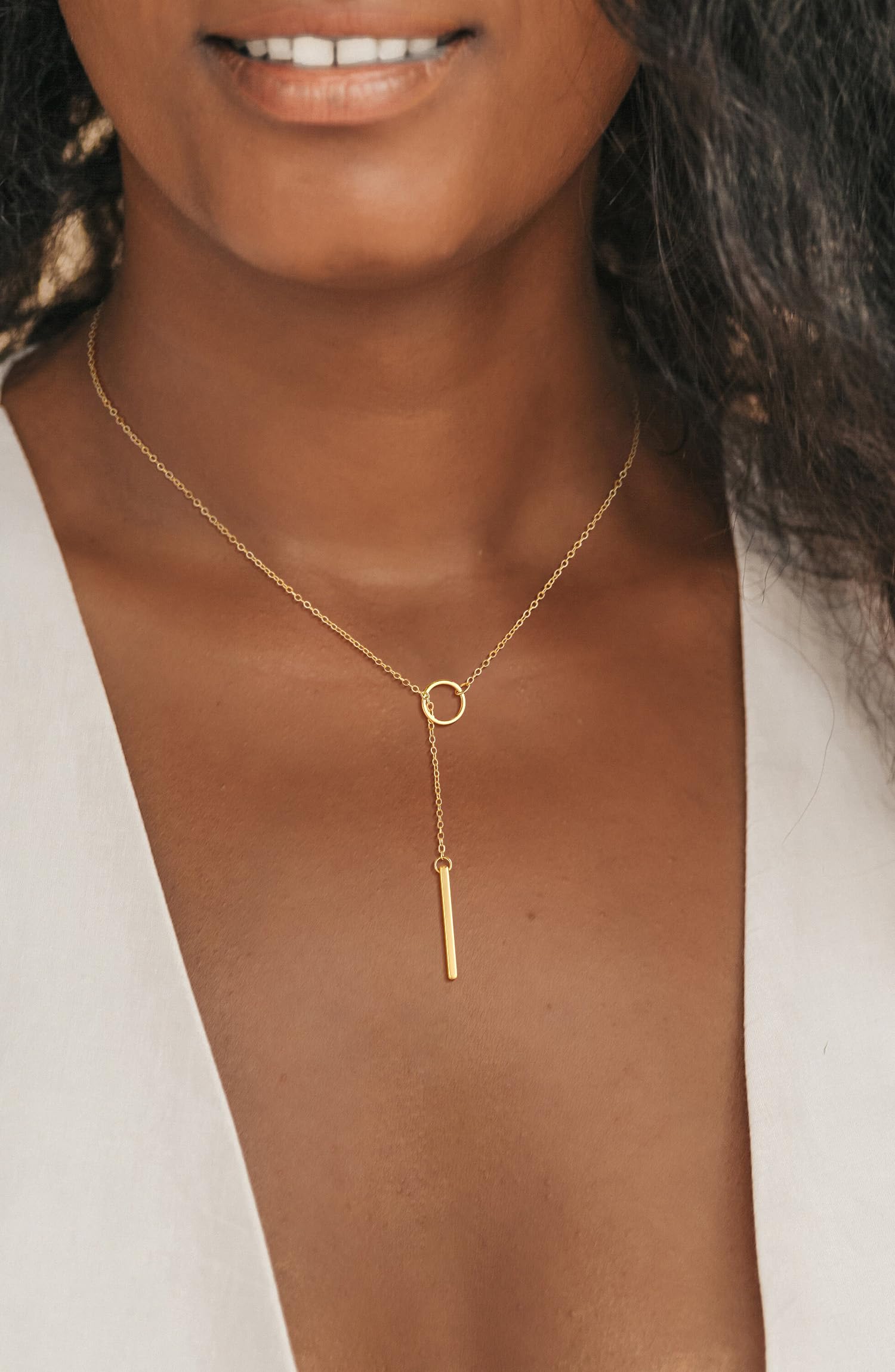 Picuzzy Lariat Gold Necklace for Women, Dainty 14k Gold Plated Y Necklace for Women Trendy Layered Circle Bar Chain Pendant Necklaces Simple Gold Jewelry for Women Gift