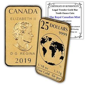 2019 1/10 oz gold bar coin by the royal canadian mint brilliant uncirculated with certificate of authenticity $25 bu