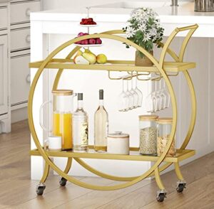 smartisbeauty gold bar cart, 2-tier rolling mobile home bar and serving beverage carts with glass holdler, modern metal wine cart with lockable wheels 28" w x 14" d x 31”h