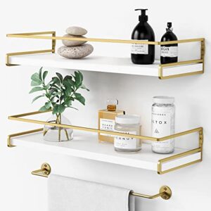 forbena floating bathroom shelves wall mounted, aesthetic white and gold shelves for bathroom accessories, modern bathroom organizer with tower bar for wall decor storage small spaces, set of 2