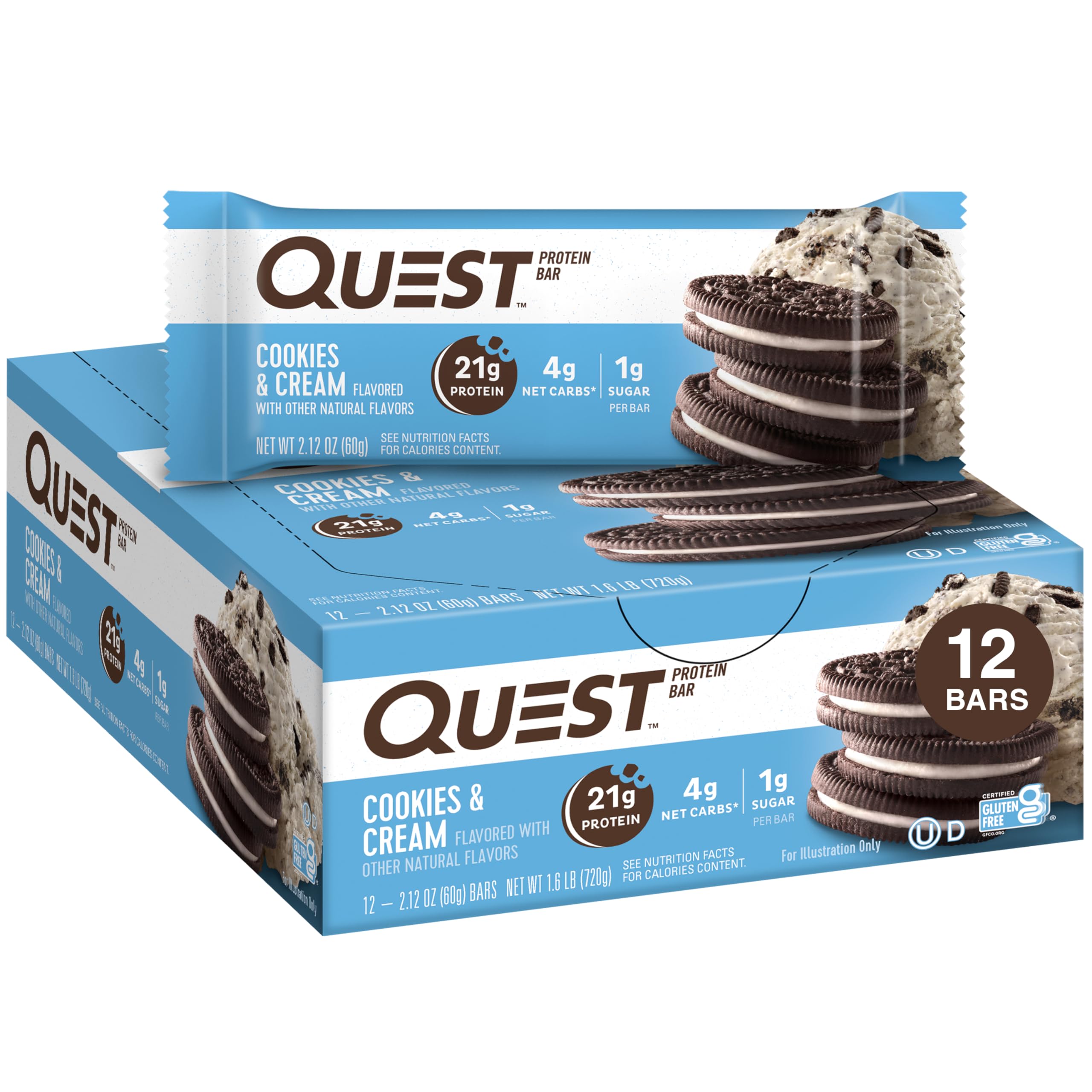 Quest Nutrition Cookies & Cream Protein Bars, High Protein, Low Carb, Gluten Free, Keto Friendly, 12 Count