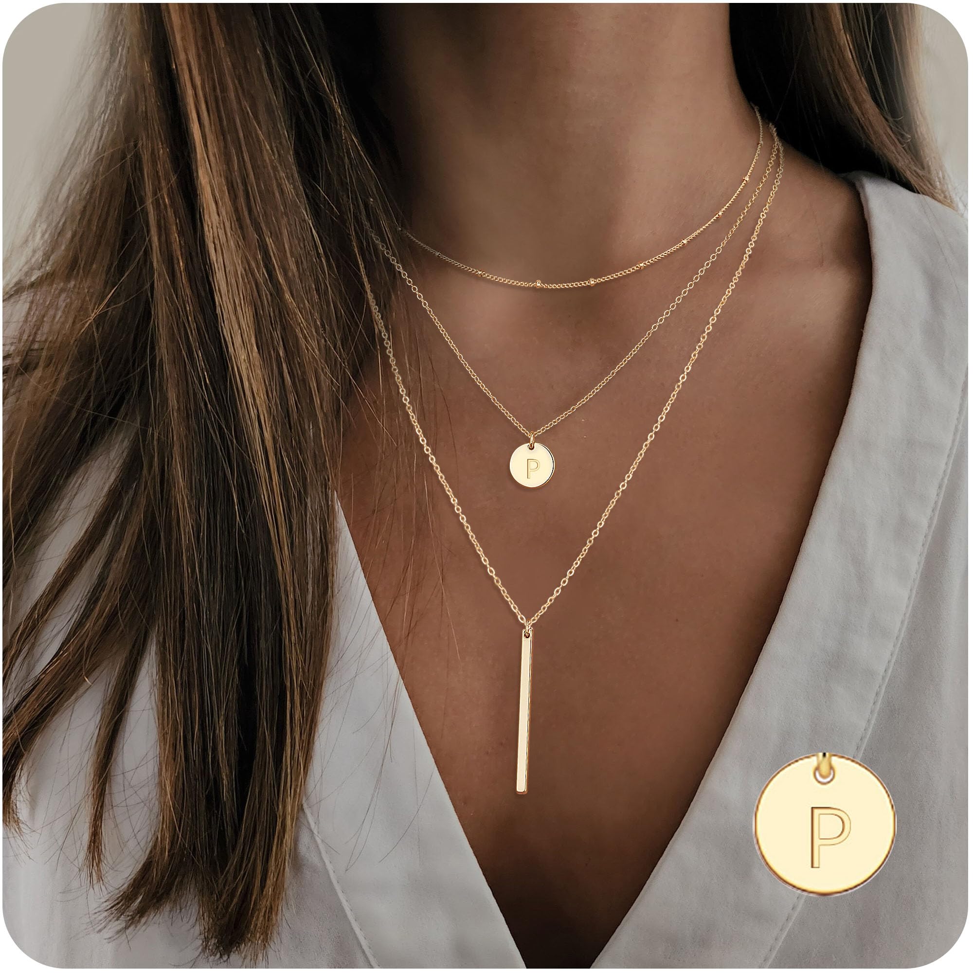 Vjoypro Gold Layered Initial Necklaces for Women Girls, 14K Gold Plated Initial P Letter Coin Pendant Necklace Dainty Gold Y-Necklaces Bar Necklaces Trendy Layering Necklaces Jewelry Gifts for Women