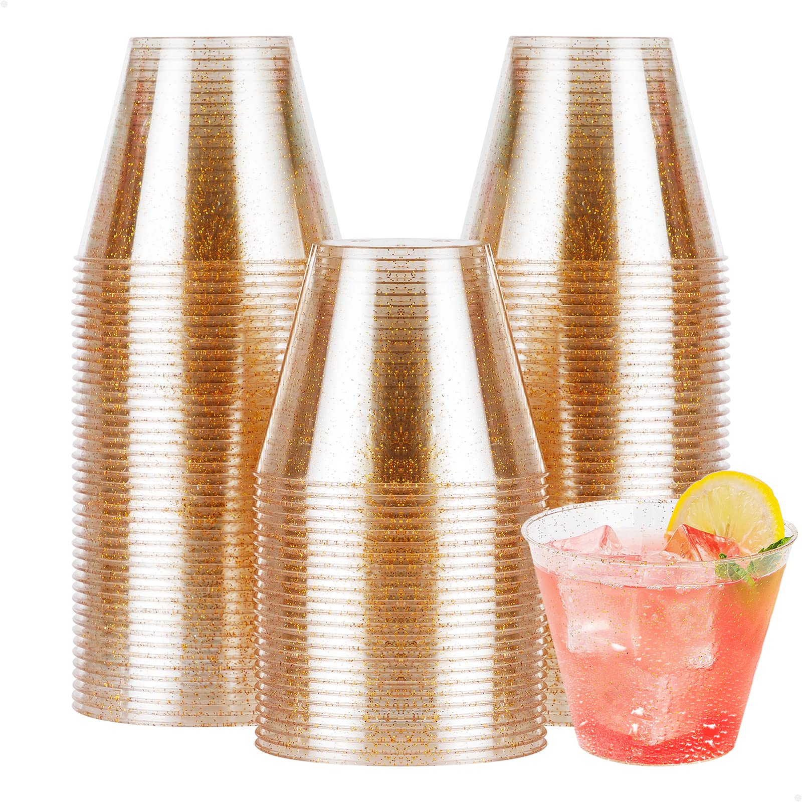 100PCS 9oz Glitter Plastic Cups for Party, Disposable Gold Cups, Plastic Cocktail Glasses for Wedding Thanksgiving, Christmas, and Parties