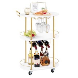 hoobro bar cart gold, 3-tier home bar serving cart with lockable wheels, rolling kitchen cart with wine rack and glass holders, mini bar with arc fence for living room, party, gold and white dw60tc01