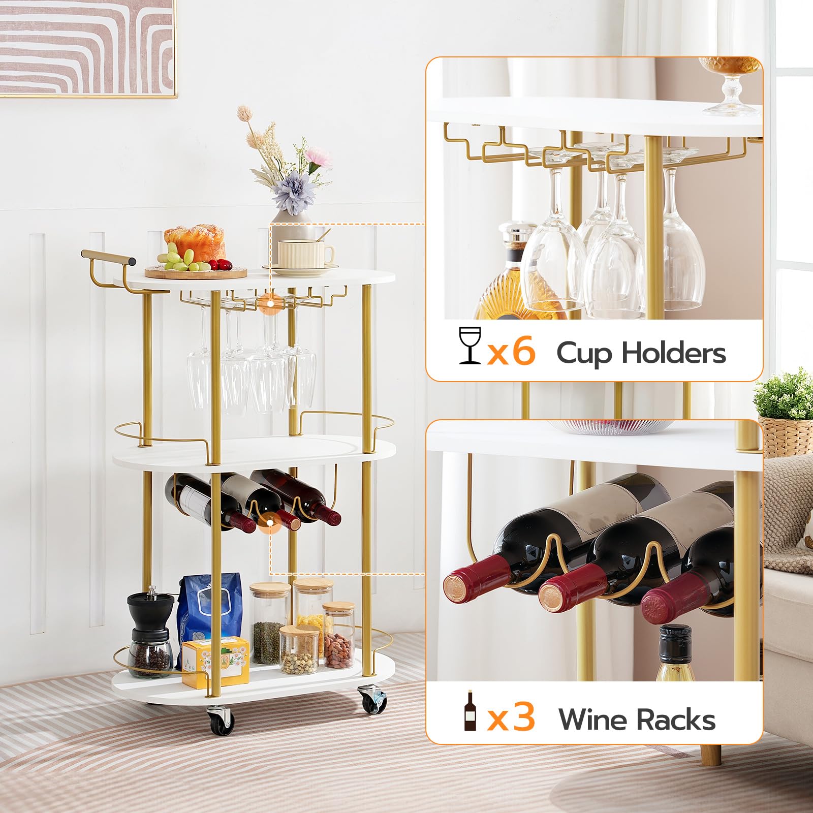 HOOBRO Bar Cart Gold, 3-Tier Home Bar Serving Cart with Lockable Wheels, Rolling Kitchen Cart with Wine Rack and Glass Holders, Mini Bar with Arc Fence for Living Room, Party, Gold and White DW60TC01