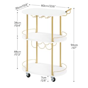 HOOBRO Bar Cart Gold, 3-Tier Home Bar Serving Cart with Lockable Wheels, Rolling Kitchen Cart with Wine Rack and Glass Holders, Mini Bar with Arc Fence for Living Room, Party, Gold and White DW60TC01