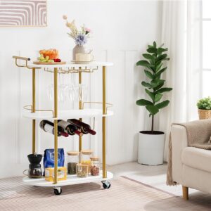 HOOBRO Bar Cart Gold, 3-Tier Home Bar Serving Cart with Lockable Wheels, Rolling Kitchen Cart with Wine Rack and Glass Holders, Mini Bar with Arc Fence for Living Room, Party, Gold and White DW60TC01