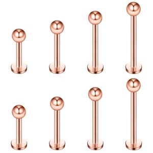 ruifan 4prs(8pcs) 16g 316l stainless steel 3mm ball labret monroe lip tragus helix earring stud barbell ring body piercing jewelry kit bar length 6mm/8mm/10mm/12mm(rose gold)