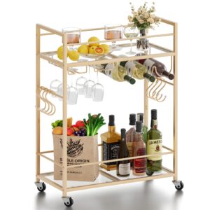 bar cart rose gold home bar serving mobile cart, 2 tiers wine cart with wine rack and glass holder, modern rolling alcohol wine cart, wine holders for home kitchen dining living room and party copper