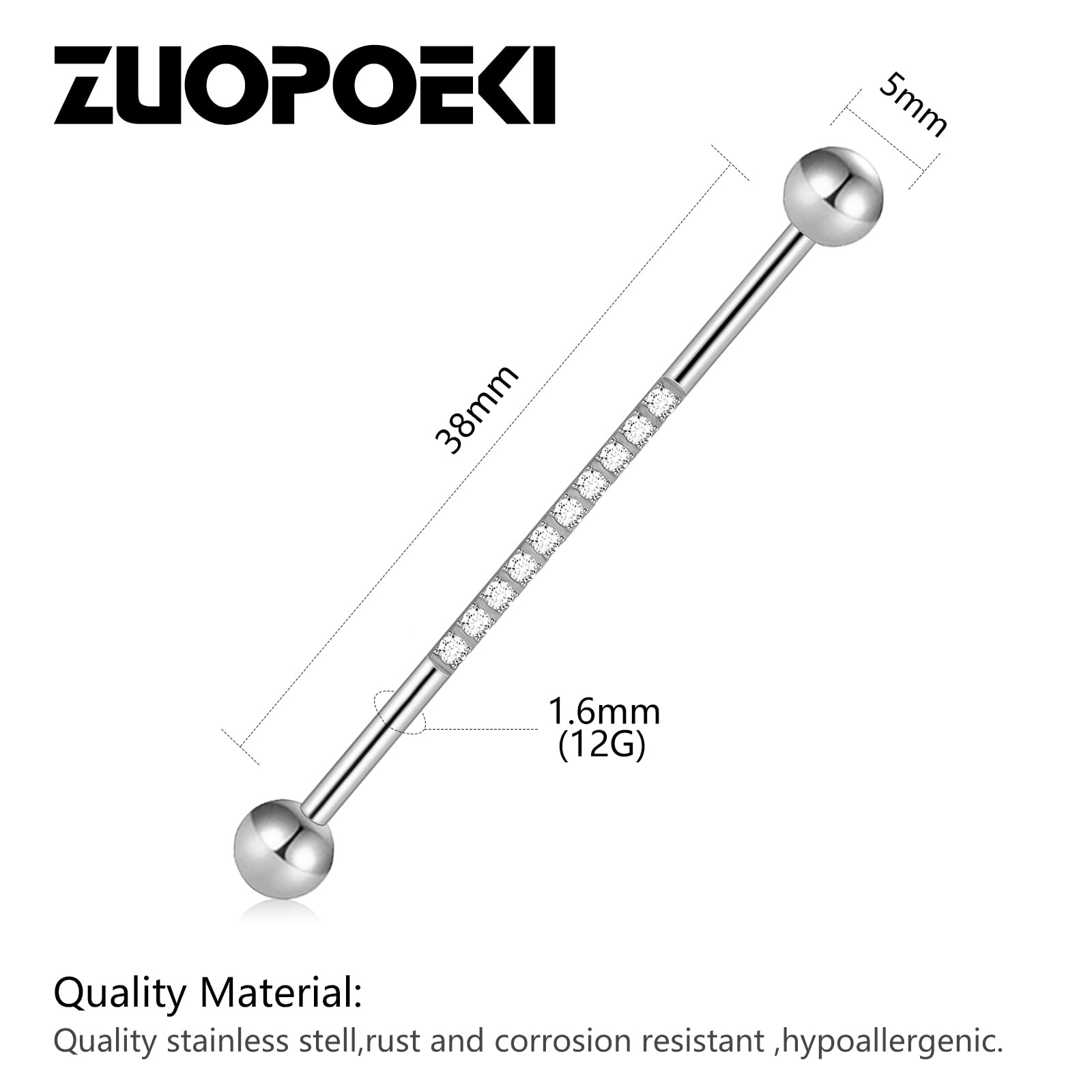 ZUOPOEKI Industrial Piercing Jewelry 15G Surgical Steel Barbell for Cartilage Industrial Bar Piercings Gold Silver