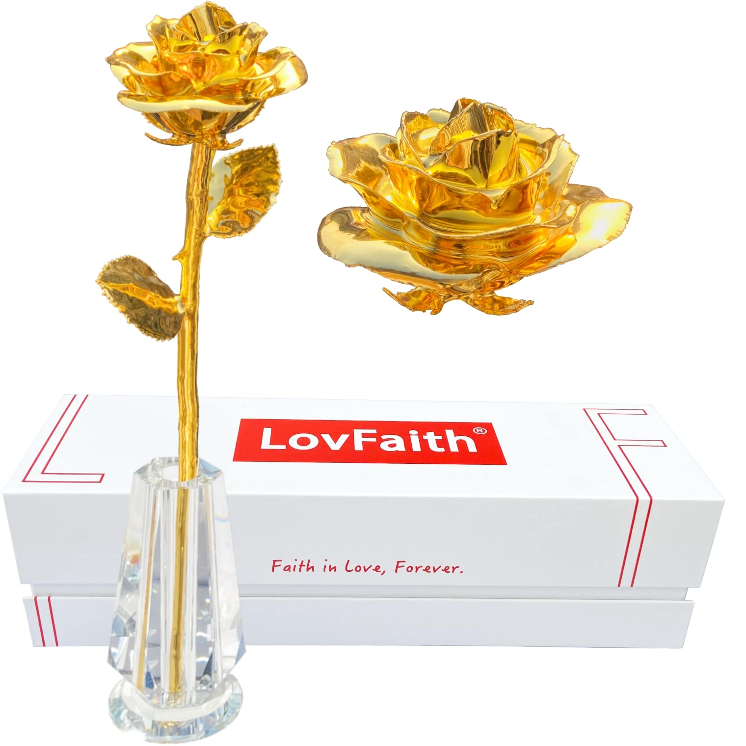 LovFaith Real Rose Dipped 24K Gold, with Crystal Vase, Gift for Her mom Wife Mother Day Anniversary Valentines Day