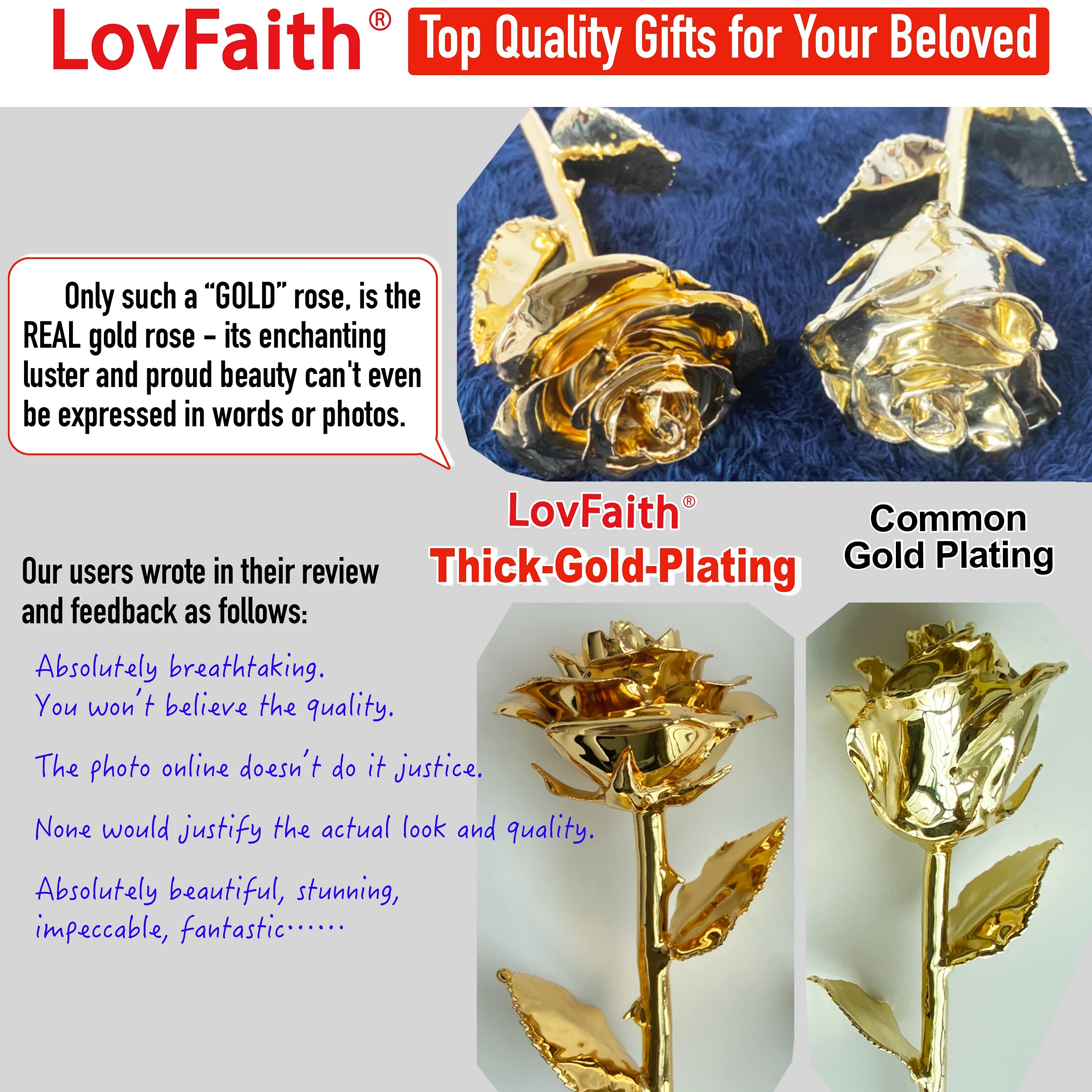 LovFaith Real Rose Dipped 24K Gold, with Crystal Vase, Gift for Her mom Wife Mother Day Anniversary Valentines Day