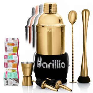 gold cocktail shaker set bartender kit by barillio: 24 oz stainless steel martini mixer, muddler, mixing spoon, jigger, 2 liquor pourers, velvet bag, recipes booklet & ebook…