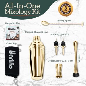 Gold Cocktail Shaker Set Bartender Kit by BARILLIO: 24 oz Stainless Steel Martini Mixer, Muddler, Mixing Spoon, Jigger, 2 Liquor pourers, Velvet Bag, Recipes Booklet & eBook…