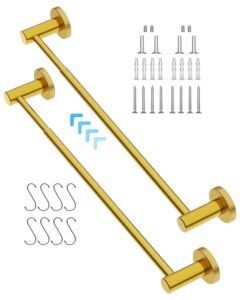 2 pack adjustable 16 to 27.6 inch single gold towel bar, imomwee sus304 stainless steel bath towel holder, wall mounted towel rail for bathroom kitchen washroom, 1" diameter towel rod with s hooks