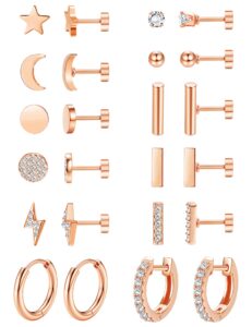 fasacco 10pairs flat back earrings for women men - hypoallergenic 14k gold plated stainless steel flatback stud small huggie hoop earrings 20g tiny gold stud earring sets for multiple piercing rose