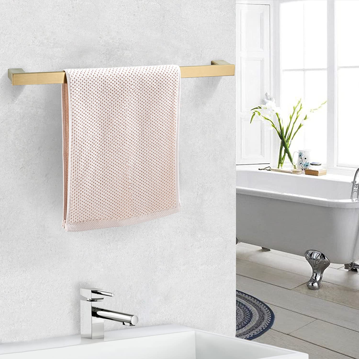 BATHSIR 24 Inch Brushed Gold Towel Bar, Gold Towel Rack Bathroom Towel Holder Square Wall Mounted Stainless Steel