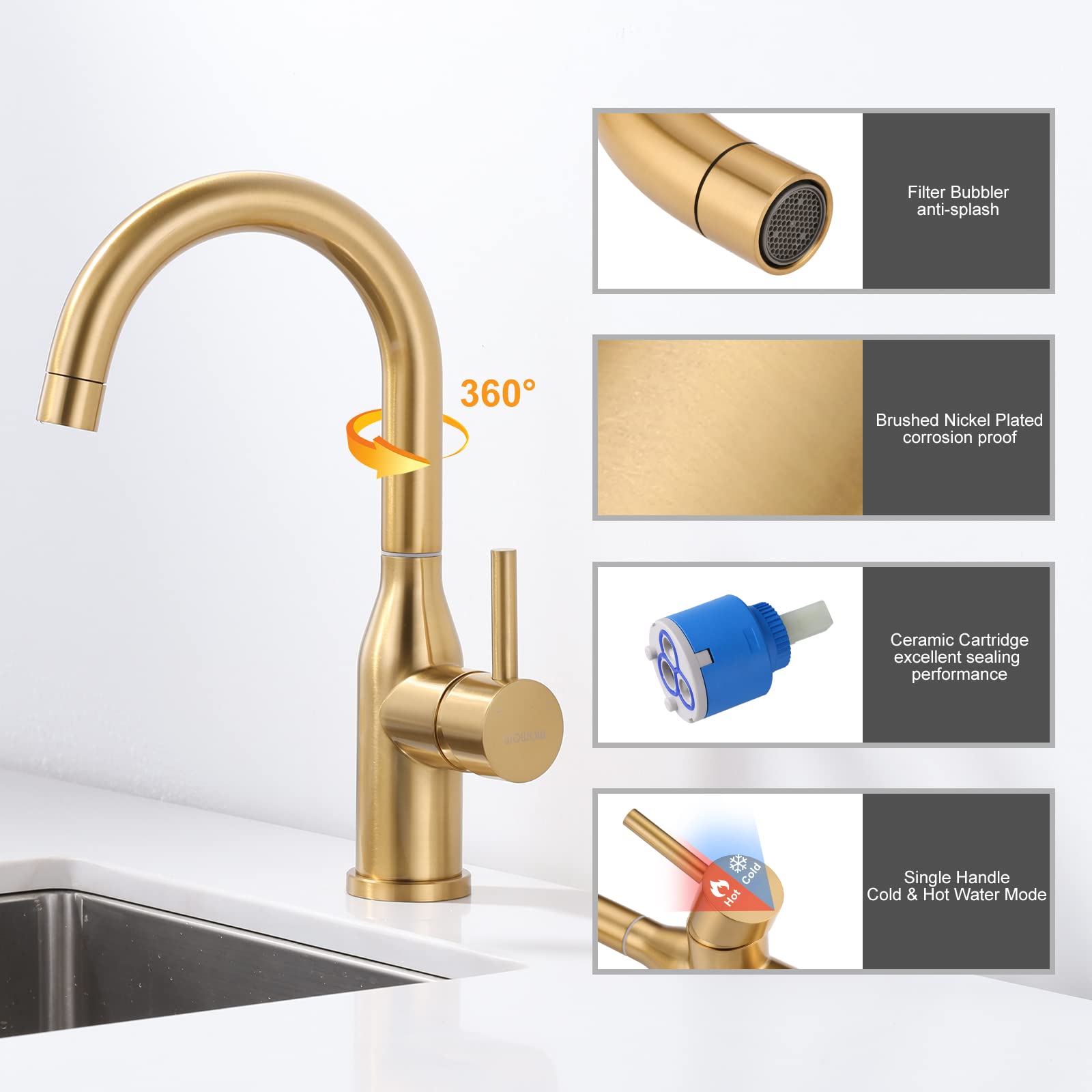 WOWOW Brushed Gold Bar Sink Faucet Single Hole Bar Faucet 1 Handle Small Kithcen Faucet for Wet Bar and RV Sink