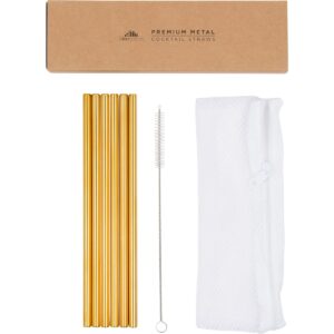 a bar above gold metal cocktail reusable straws w/straw cleaner brush & dishwasher bag – stylish stainless steel straws for drinking & stirring – cocktail metal straws reusable set