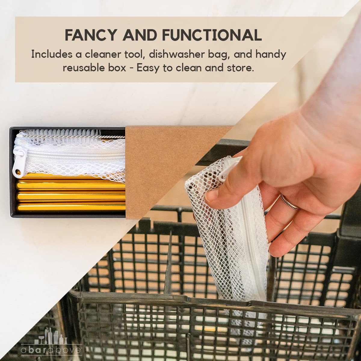 A Bar Above Gold Metal Cocktail Reusable Straws w/Straw Cleaner Brush & Dishwasher Bag – Stylish Stainless Steel Straws for Drinking & Stirring – Cocktail Metal Straws Reusable Set