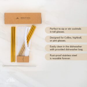 A Bar Above Gold Metal Cocktail Reusable Straws w/Straw Cleaner Brush & Dishwasher Bag – Stylish Stainless Steel Straws for Drinking & Stirring – Cocktail Metal Straws Reusable Set