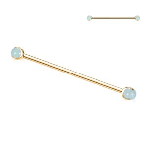 industrial bar 14g industrial earrings surgical steel industrial barbell gold with green imitation jade industrial piercing jewelry industrial bar piercing body piercing jewelry 1 1/2 inch 38mm