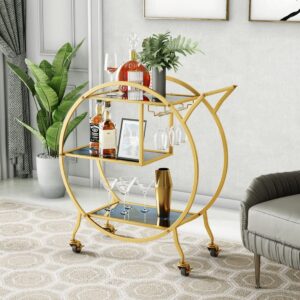 heoniture bar cart, upgraded 3 tier gold bar serving cart with glass holder and wheels, metal handle round bar carts for the home, kitchen, living room