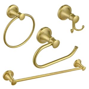 besy brushed gold 4 piece bathroom accessories set (single towel bar, towel ring, toilet paper holder, double towel hooks), wall mounted bath hardware accessory fixtures set