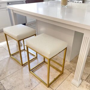 MAISON ARTS Off White & Gold Counter Height 24" Bar Stools Set of 2 for Kitchen Counter Modern Barstools Upholstered Faux Leather Square Stools Backless Farmhouse Island Chairs, 24 Inch Height