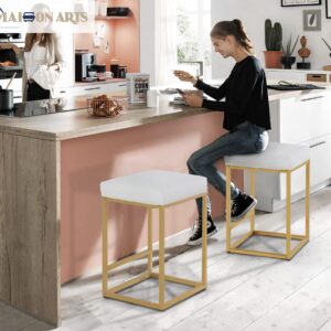 MAISON ARTS Off White & Gold Counter Height 24" Bar Stools Set of 2 for Kitchen Counter Modern Barstools Upholstered Faux Leather Square Stools Backless Farmhouse Island Chairs, 24 Inch Height