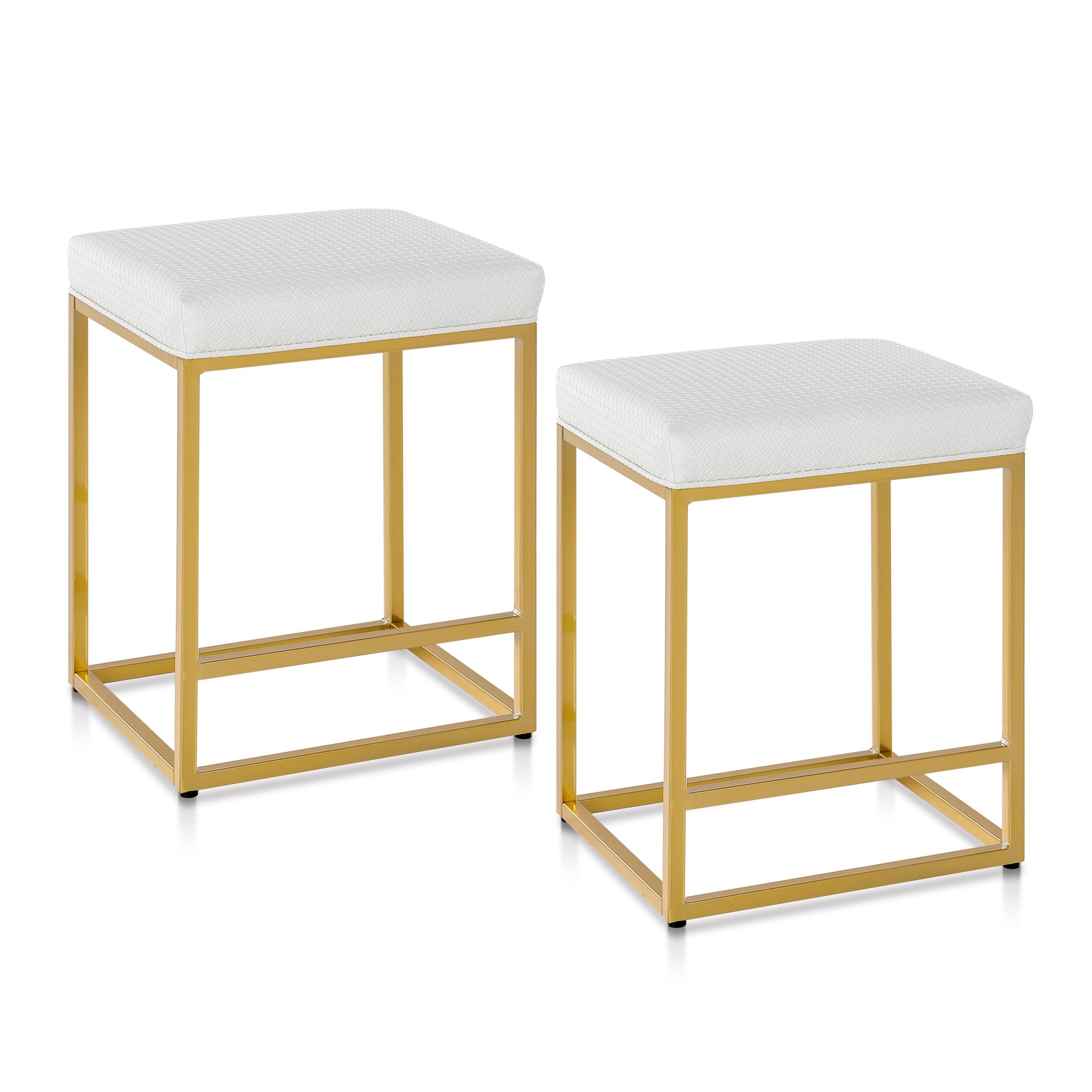 MAISON ARTS Off White & Gold Counter Height 24" Bar Stools Set of 2 for Kitchen Counter Modern Barstools Upholstered Faux Leather Square Stools Backless Farmhouse Island Chairs, 24 Inch Height