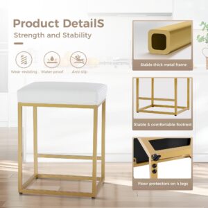 MAISON ARTS Off White & Gold Counter Height 24" Bar Stools Set of 2 for Kitchen Counter Modern Barstools Upholstered Faux Leather Square Stools Backless Farmhouse Island Chairs, 24 Inch Height