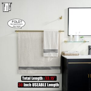 JQK Double Bath Towel Bar, Brushed Gold 30 Inch 304 Stainless Steel Thicken 0.8mm Towel Rack for Bathroom, Towel Holder Wall Mount, 33 in Total Length, TB100L30-BG