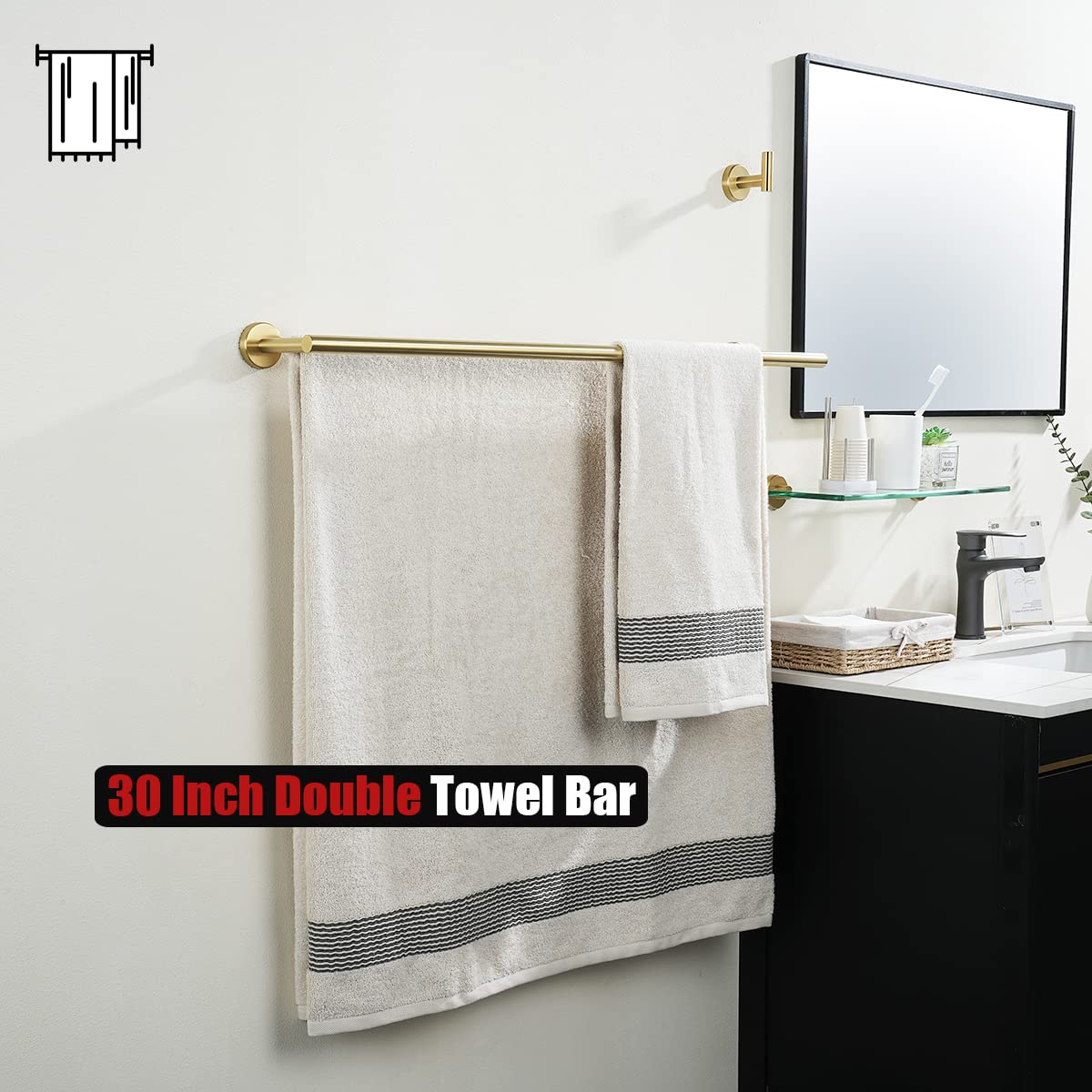 JQK Double Bath Towel Bar, Brushed Gold 30 Inch 304 Stainless Steel Thicken 0.8mm Towel Rack for Bathroom, Towel Holder Wall Mount, 33 in Total Length, TB100L30-BG