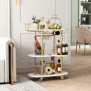 OuQinDesign 3 Tier Gold Bar Carts for Home Bar Serving Cart with Wheels, Heavy Duty Bar Cart with Storage Shelves, Wine Carts Gold for The Living Room, Kitchen, Bar, Party