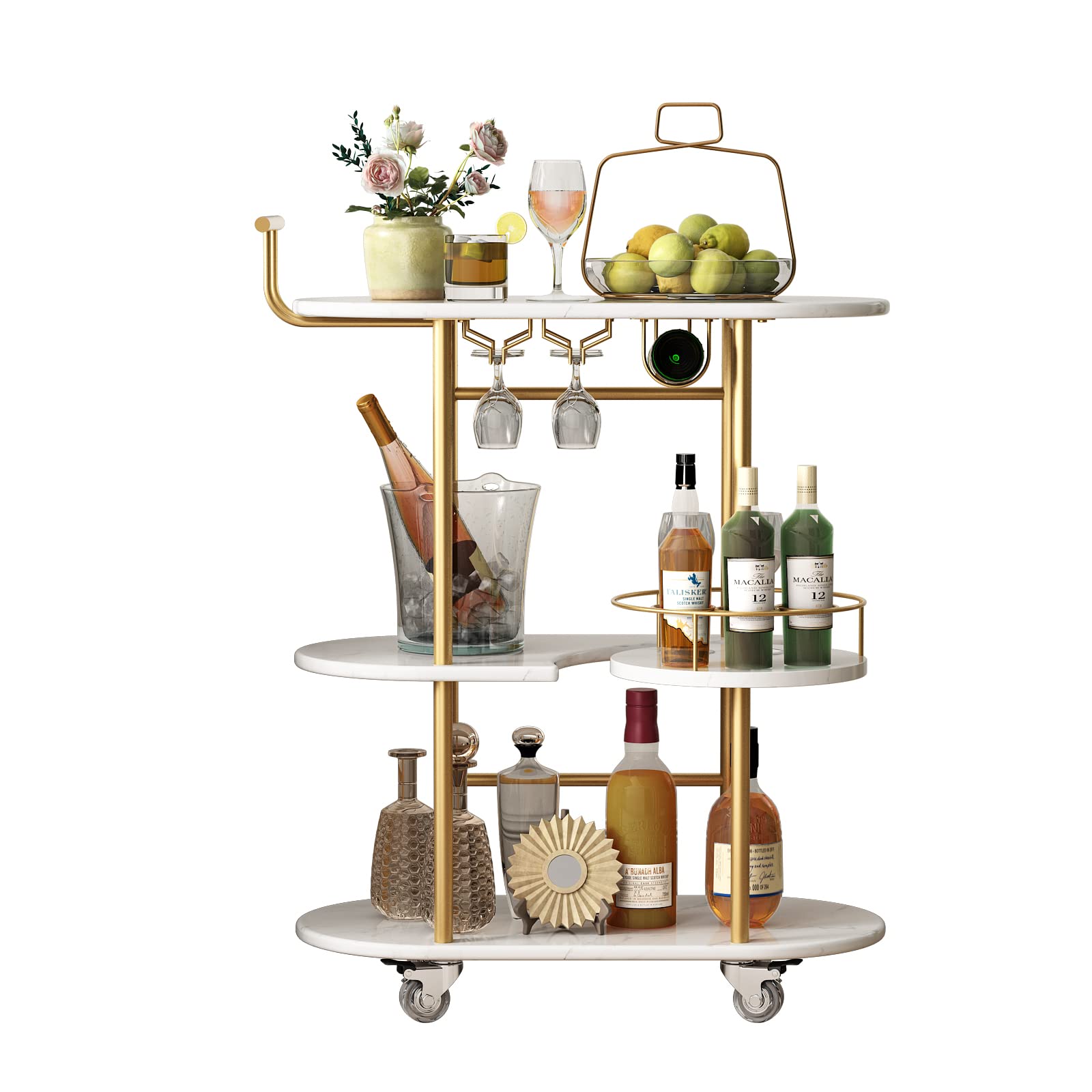 OuQinDesign 3 Tier Gold Bar Carts for Home Bar Serving Cart with Wheels, Heavy Duty Bar Cart with Storage Shelves, Wine Carts Gold for The Living Room, Kitchen, Bar, Party