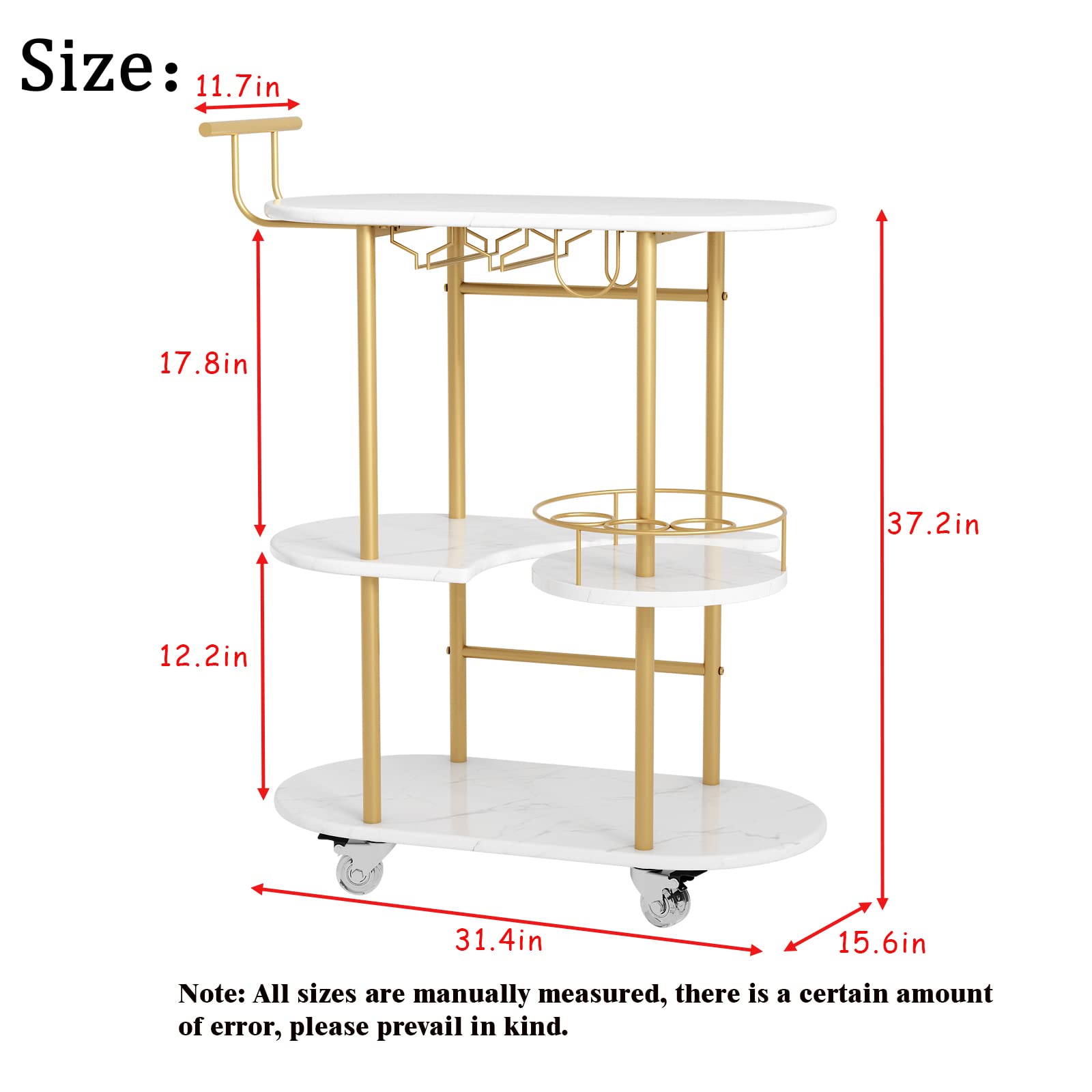 OuQinDesign 3 Tier Gold Bar Carts for Home Bar Serving Cart with Wheels, Heavy Duty Bar Cart with Storage Shelves, Wine Carts Gold for The Living Room, Kitchen, Bar, Party