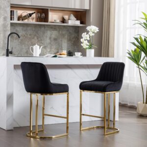 Shunzhi Modern Counter Height Bar Stools Set of 2 Black Bar Stools with Back/Gold Legs Upholstered Velvet Barstools 26'' Kitchen Counter Stools Bar Chairs for Kitchen Island Home Bar Pub