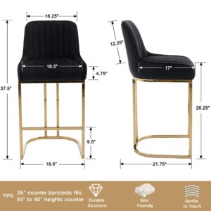 Shunzhi Modern Counter Height Bar Stools Set of 2 Black Bar Stools with Back/Gold Legs Upholstered Velvet Barstools 26'' Kitchen Counter Stools Bar Chairs for Kitchen Island Home Bar Pub