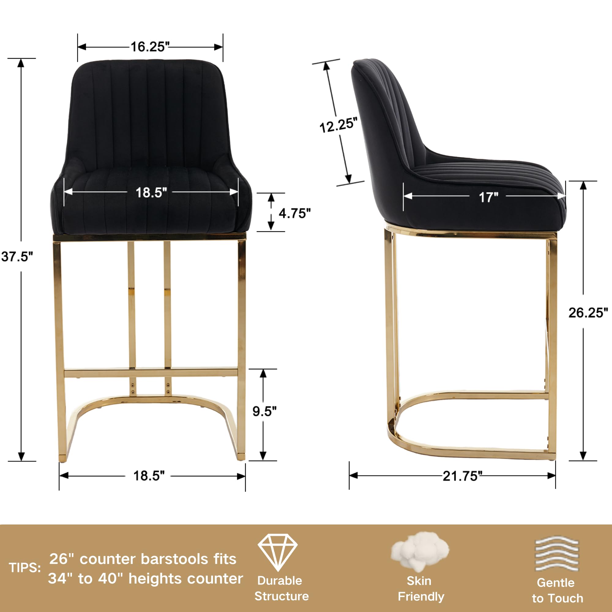 Shunzhi Modern Counter Height Bar Stools Set of 2 Black Bar Stools with Back/Gold Legs Upholstered Velvet Barstools 26'' Kitchen Counter Stools Bar Chairs for Kitchen Island Home Bar Pub