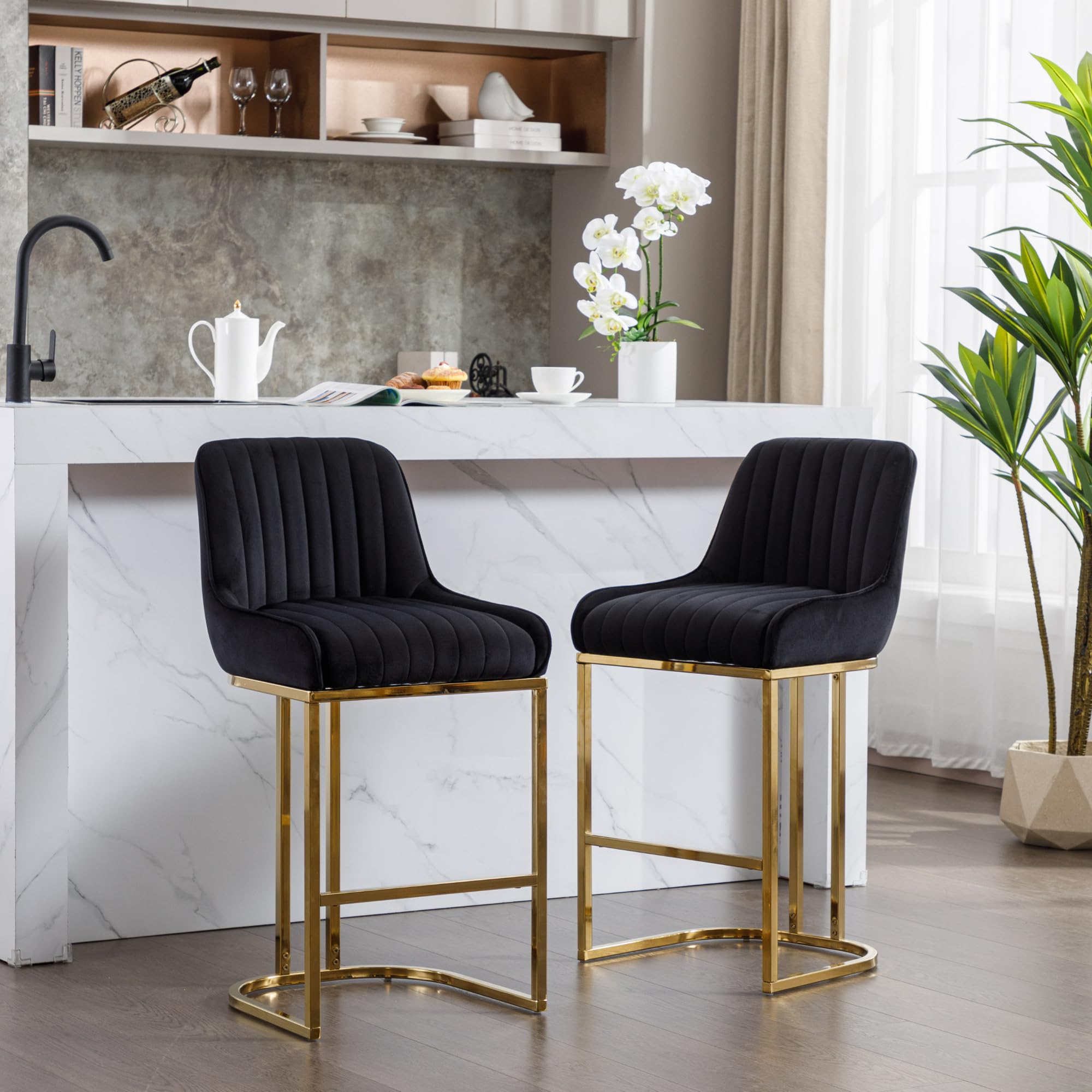 Shunzhi Modern Counter Height Bar Stools Set of 2 Black Bar Stools with Back/Gold Legs Upholstered Velvet Barstools 26'' Kitchen Counter Stools Bar Chairs for Kitchen Island Home Bar Pub