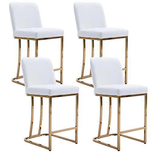 BESTANO Mid-Century Modern Gold Counter Height Bar Stools with Back, 24" Leather Upholstered Counter Stool Chairs for Kitchen Island Set of 4, White Leather