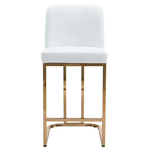 BESTANO Mid-Century Modern Gold Counter Height Bar Stools with Back, 24" Leather Upholstered Counter Stool Chairs for Kitchen Island Set of 4, White Leather