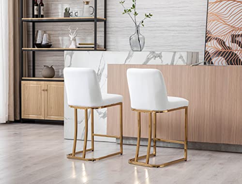 BESTANO Mid-Century Modern Gold Counter Height Bar Stools with Back, 24" Leather Upholstered Counter Stool Chairs for Kitchen Island Set of 4, White Leather