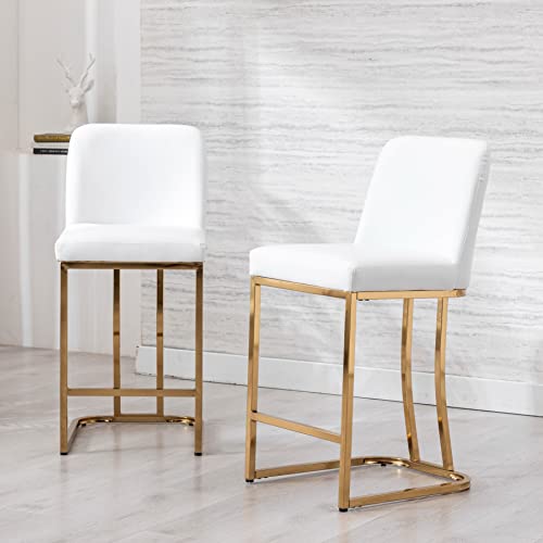 BESTANO Mid-Century Modern Gold Counter Height Bar Stools with Back, 24" Leather Upholstered Counter Stool Chairs for Kitchen Island Set of 4, White Leather