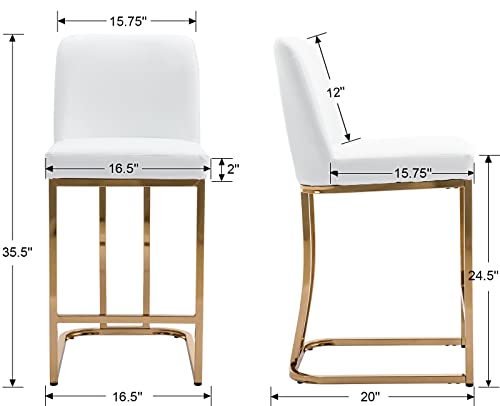 BESTANO Mid-Century Modern Gold Counter Height Bar Stools with Back, 24" Leather Upholstered Counter Stool Chairs for Kitchen Island Set of 4, White Leather